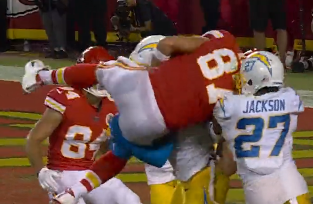 Travis Kelce Got Picked Up & Body Slammed By Chargers Defender Derwin ...